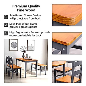 Alohappy Dining Table Set for 4, Solid Wood Kitchen Table with 2 Chairs and Bench, 4-Person Space-Saving Dinette Table for Kitchen, Dining Room, Sturdy Structure Easy Assembly