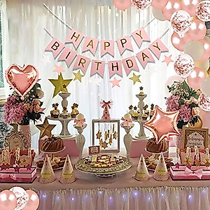Rose Gold Birthday Party Decorations, Happy Birthday Banner, Rose Gold Confetti and White Balloons, Foil Balloon, Tassels, Foil Fringe Curtains for Girl Birthday Supplies
