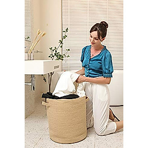 16" x 16" x 18" Large Cotton Rope Storage Basket with Lid, Full Beige with Cover