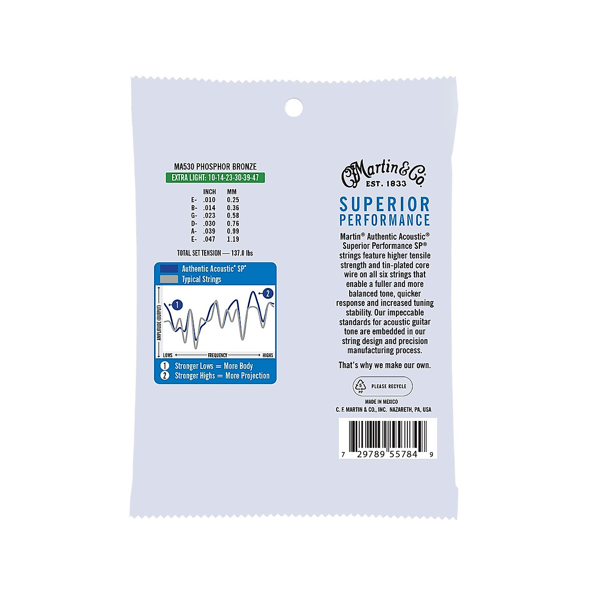 Martin Authentic Acoustic Guitar Strings, Superior Performance Extra Light 10-47, 92/8 Phosphor Bronze