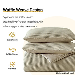 Rosecret Cotton Waffle Duvet Cover Queen, Blend Viscose Derived from Bamboo, Soft Breathable Comforter Cover with Pillow Shams for All Seasons, Khaki
