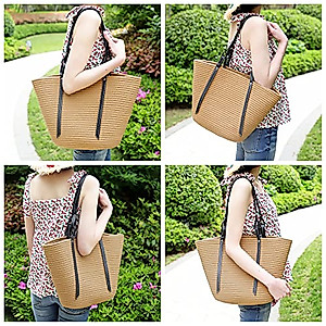 Ayliss Women Large Beach Tote Shoulder Handbag Summer Beach Cotton Crochet Handwoven Weaving Shoulder Purse Bag (Khaki)