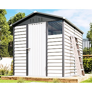 AMERLIFE 6.4x9x7 FT Outdoor Storage Shed, Blinds Design Metal Shed with Clear Window Lockable Hinged Door, Outdoor Shed for Backyard, Garden, Patio, Dark Grey/White