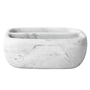 MyGift Modern White Resin Sponge Holder for Kitchen Sink, Countertop Sponge Dish with 2 Compartments and Marble Pattern