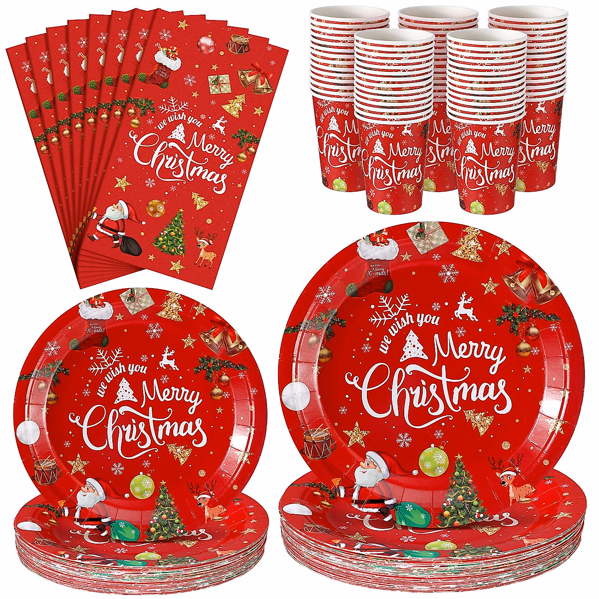 Tioncy 200Pcs Christmas Party Supplies Tableware Set Include 100 9 Inch and 7 Inch Christmas Paper Plates 50 9oz Cups 50 Holiday Lunch Napkin Disposable Christmas Plates Dinnerware Set (Classic Style)