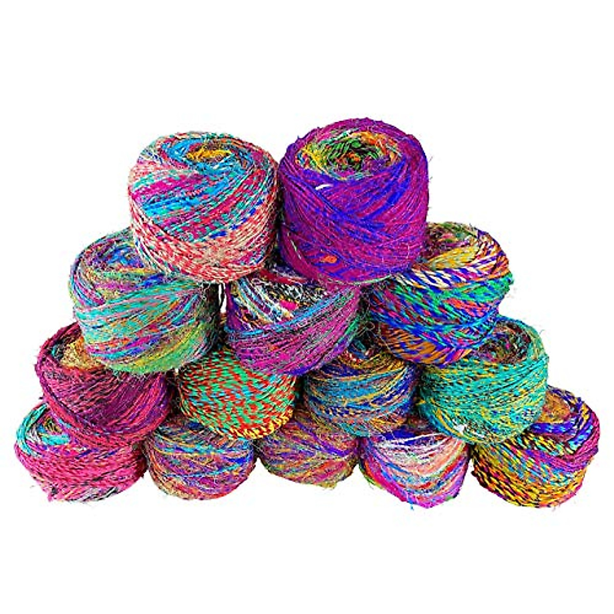 Revolution Fibers Recycled Sari Silk Yarn, Multi-Color Pure Silk Yarn, Made from Handspun Used Sari Fabric Ribbon Scraps, Rainbow Yarn for Knitting, Weaving & Crocheting 100 Grams per Ball (1-Ball)