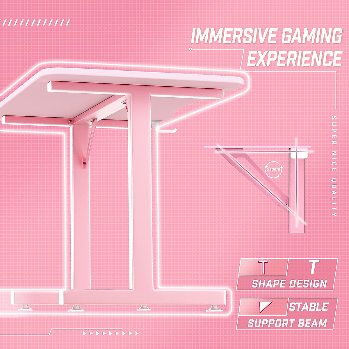 Vitesse Pink Gaming Desk 40 Inch Cute Kawaii Computer Table T Shaped Girl Gamer Workstation Home Office with Carbon Fiber Surface and Headphone Hook (Pink) 40*28*21.5
