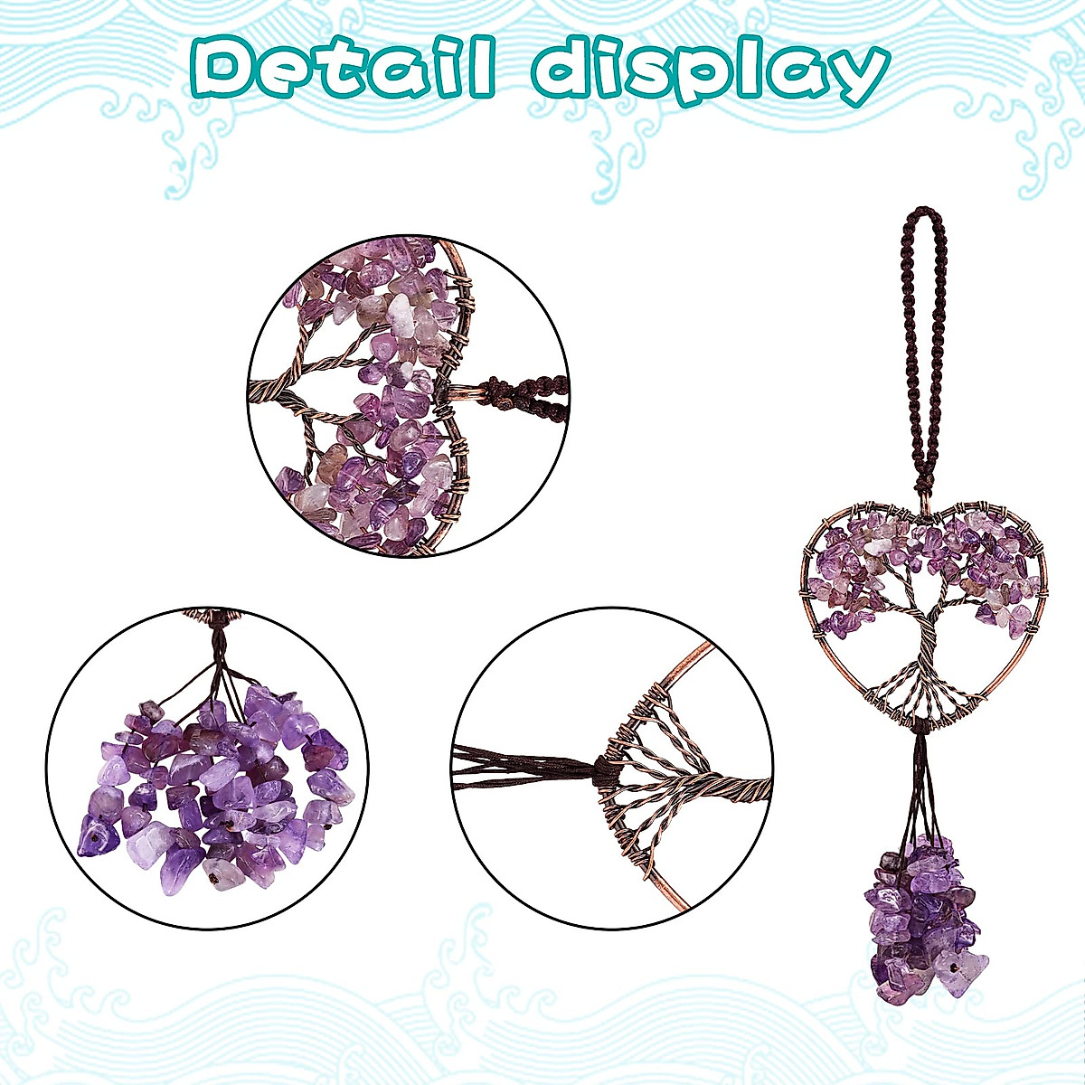 WEWAYSMILE Natural Amethyst Tree of Life Pendant Heart Shaped Tree of Life Charm Red Copper Plated Brass Wires and Nylon Cord for Home Car Ornament Tassel Yoga Healing Lucky Jewelry