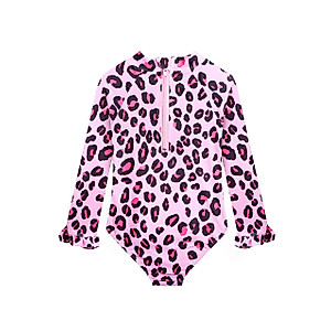Alakuoti Long Sleeve One Piece Ruffle Swimsuit for Toddler Girls Baby Girl Rashguard Shirt with UPF 50+ Sun Protection (as1, Age, 0_Month, 12_Months, Pink Leopard)
