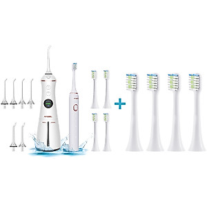 Water Flosser and Ultrasonic Electric Toothbrush Combo + 4 Pack Replacement Toothbrush Heads Compatible with ANWIEL