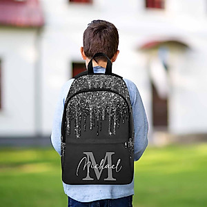 Custom Name Backpack Bag for Boys Girls Son, Personalized Black Glitter Sparkle Drip with Initial Schoolbag Casual Backpack Customized Bookbag for Kids Unisex Back School Camping Hiking Travel
