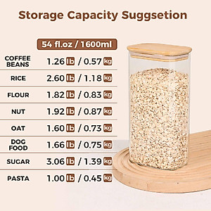 ComSaf 54oz Rectangle Glass Storage Containers with Lids, Glass Jars with Bamboo Lids, Clear Food Storage Jar, Sugar Coffee Containers, Pantry Storage Container for Pasta Rice Flour Oats Nuts Tea