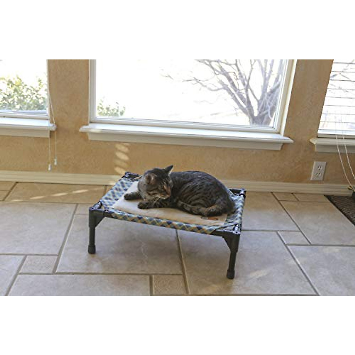 K&H Pet Products Thermo-Pet Cot Heated Elevated Dog Bed - Blue Plaid/Tan, Medium 25 X 32 X 7 Inches