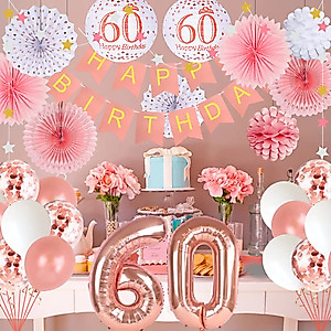 60th Birthday Decorations, 60th Birthday Decorations for Women, Happy Birthday Banner 60th Paper Lanterns Number 60 Foil Balloon Party Paper Fan Rose Gold Latex Balloons for 60th Anniversary