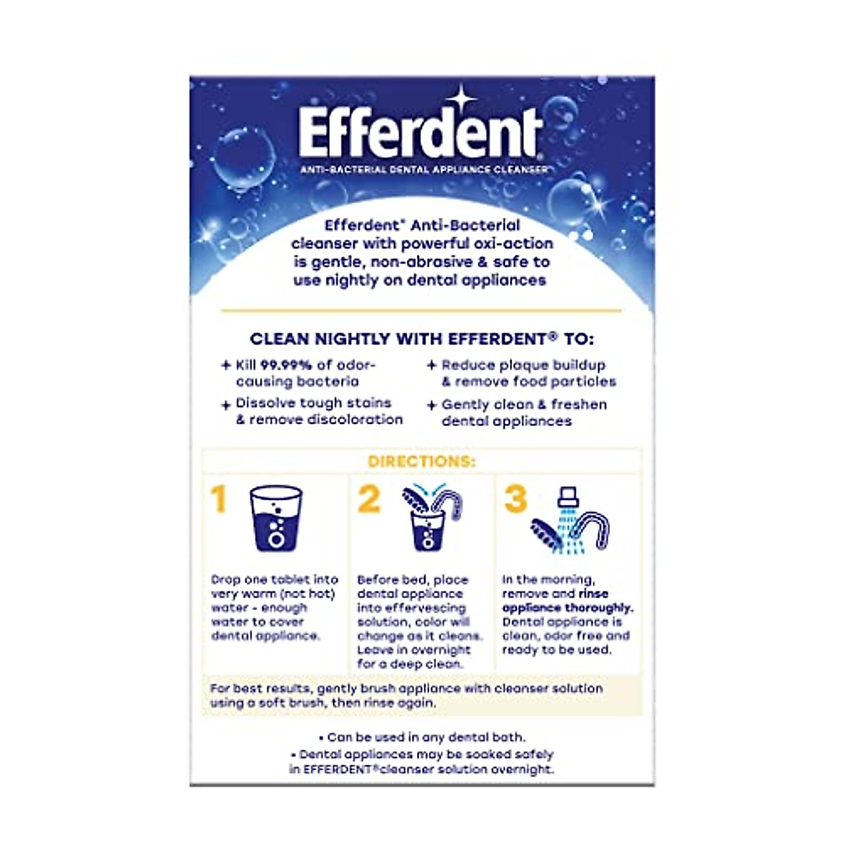 Efferdent Retainer Cleaning Tablets, Denture Cleaning Tablets for Dental Appliances, Overnight Whitening, 90 Count