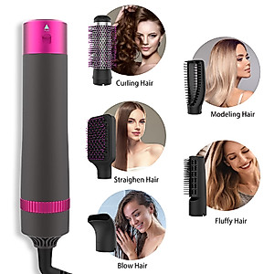 5 in 1 Styling Hot Air Brush with Negative Ion - Detachable and Interchangeable Bristles for Straightening, Curling, Drying, Combing, and Scalp Massage - Heat Brush with Glove
