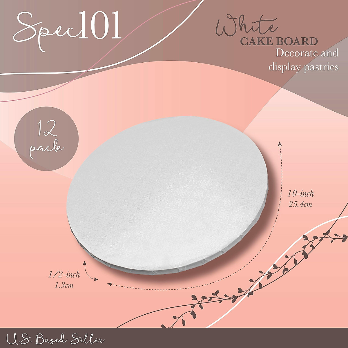 Spec101 Round Cake Drums, 10 Inch - 12pk White Cake Drum Boards with 1/2-Inch Thick Wrapped-Edges