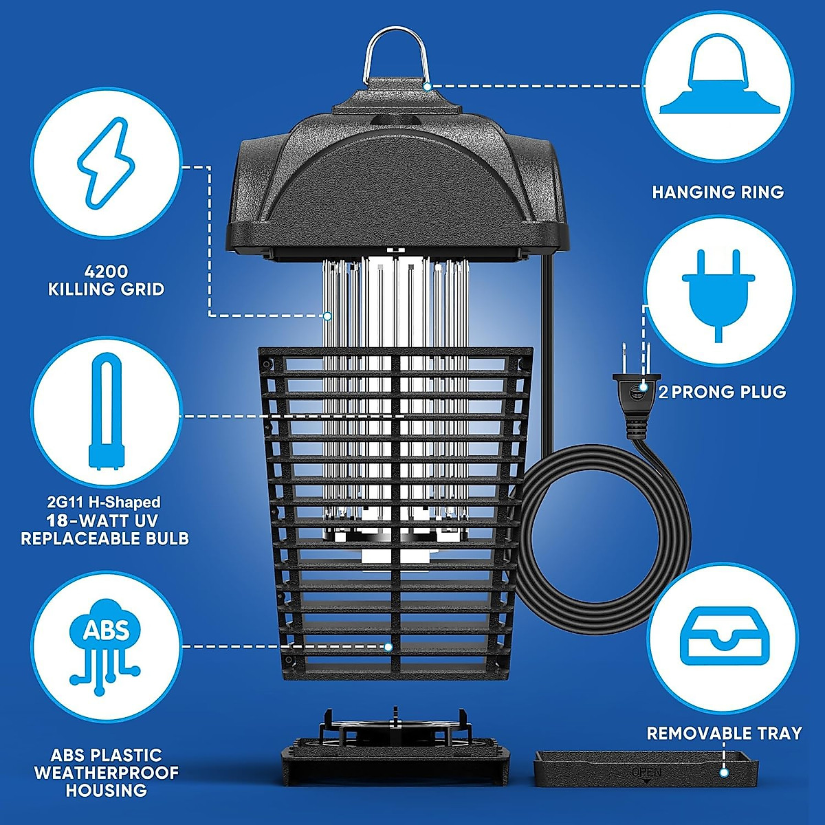 Bug Zapper Outdoor Electric, 4200V Mosquito Zapper, Insect Fly Zapper Outdoor Indoor, Fly Traps, ABS Plastic, Plug in Mosquito Killer for Patio, Yard, Garden, Kitchen, Home, Pools