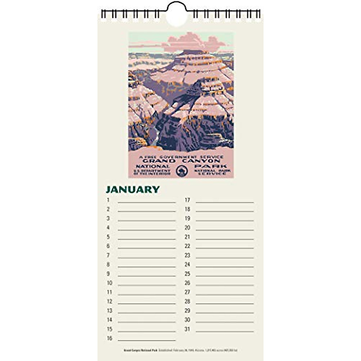 National Parks Poster Art of the WPA Perpetual Calendar Birthday Anniversary Family Date Annual Reminders 5.5" x 11.5"