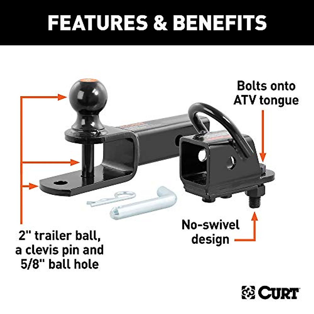 CURT 45038 3-in-1 UTV, ATV Trailer Hitch Mount with 2-Inch Receiver Adapter, 2-Inch Ball, Clevis Pin, 5/8-Inch Hole, Gloss Black Powder Coat