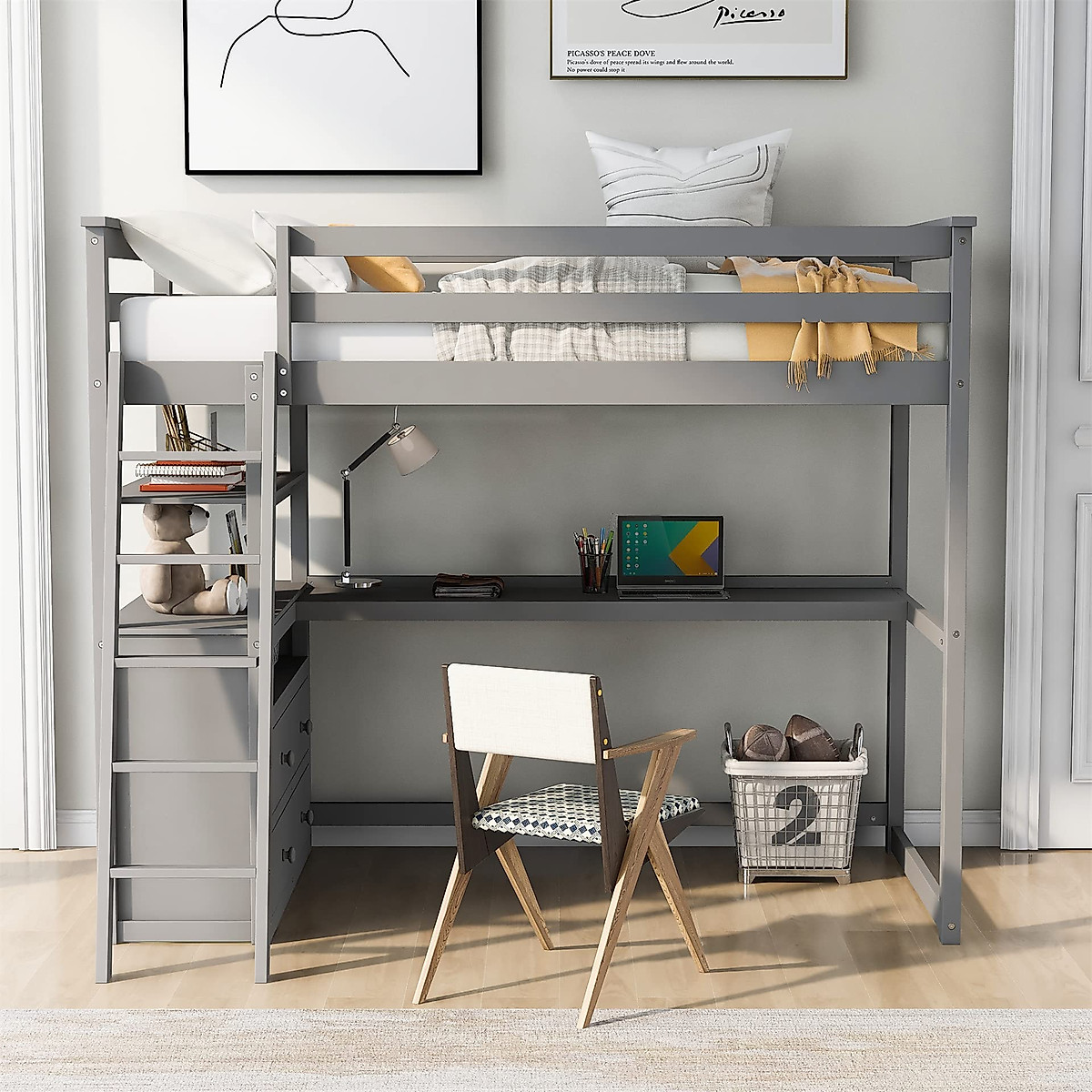 Twin Size Loft Bed with Desk and Drawers, Wood Twin Loft Bed with Storage Shelves, Angled Ladder and Wood Slat Support, High Loft Bed for Kids, Teens, Adults Boys & Girls, Gray