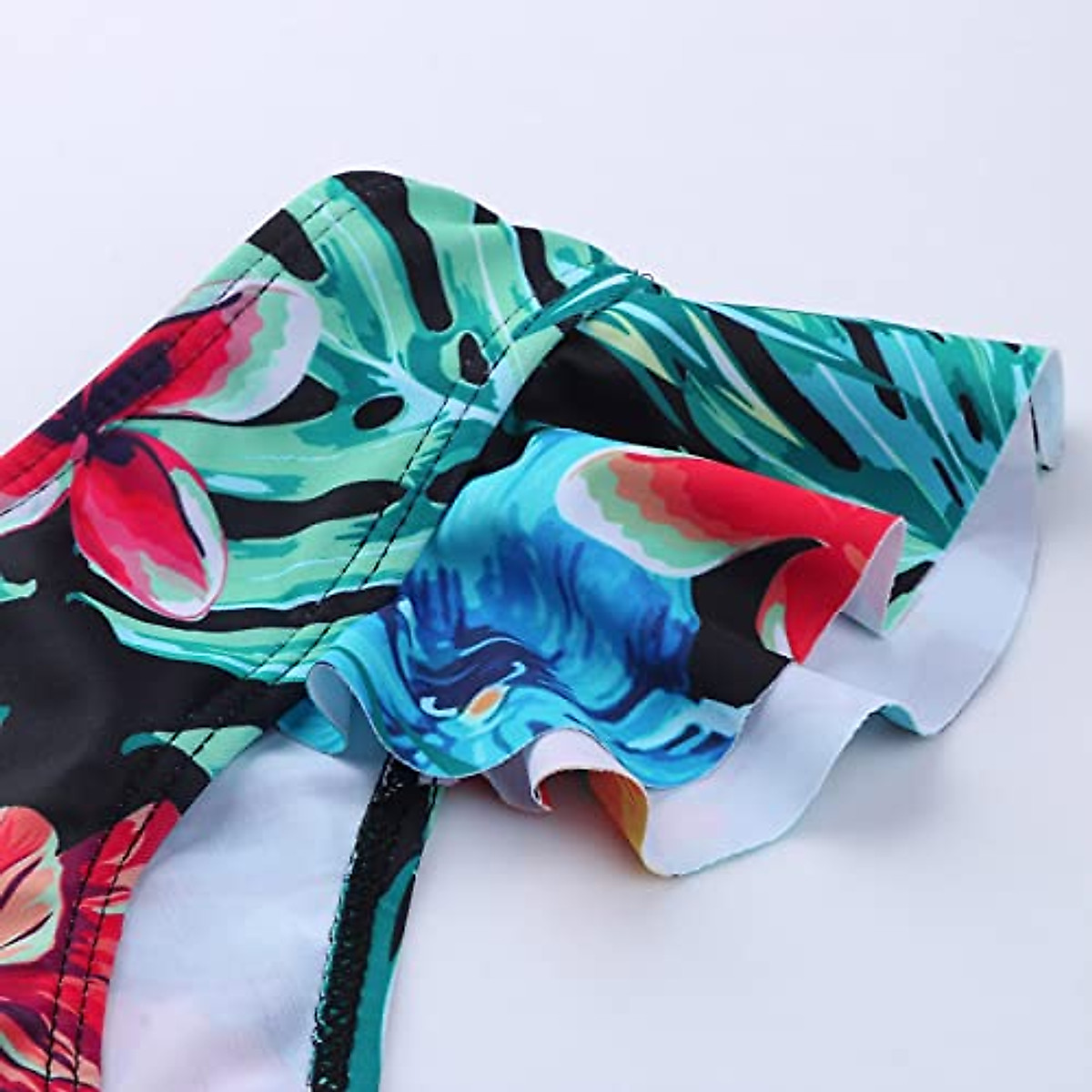 Multicolor Printing Set Split-up Women's Swimsuit Digital Ruffled Swimwears Tankinis Set Shorts And Crop Top Set for Teens (Green, L)