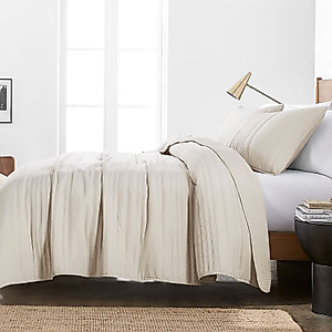 HIARUO Queen Quilt Bedding Set, Full Size Striped Coverlet Bedspread (90x90 inch) with 2 Pillow Shams (20x26 inch) for All Season, Beige/White