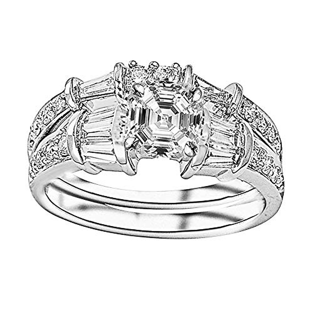 1.73 Ctw Platinum Baguette Round GIA Certified Diamond Engagement Ring Wedding Bridal Band Set Asscher Shape (0.98 Ct I-J Color VVS2-VS1 Clarity Center Stone)