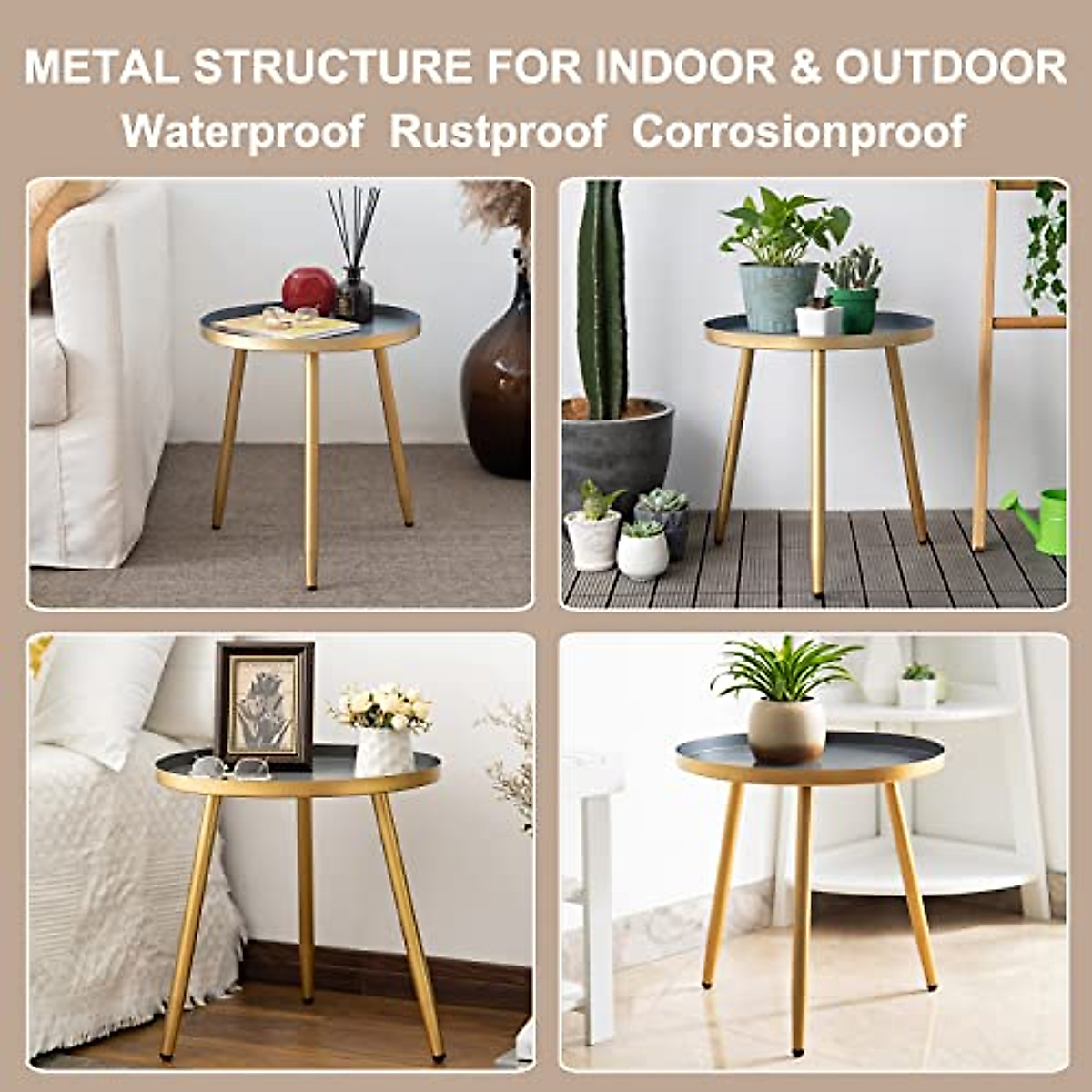 AOJEZOR Round End Table Ideal for Any Room, Metal Structure Side Tables Great For Living Room, Bedroom, Indoor, Outdoor, Matte Gray Tray with 3 Gold Legs Accent