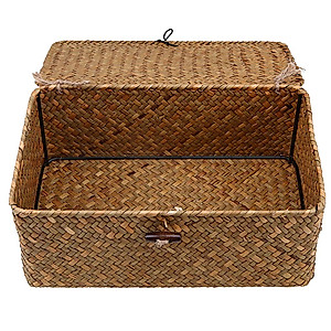 SM SunniMix Rectangular Handwoven Seagrass Storage Basket with Lid for Shelves and Home Organizer Bins for Toys, Books, Laundry, Clothes and More - S