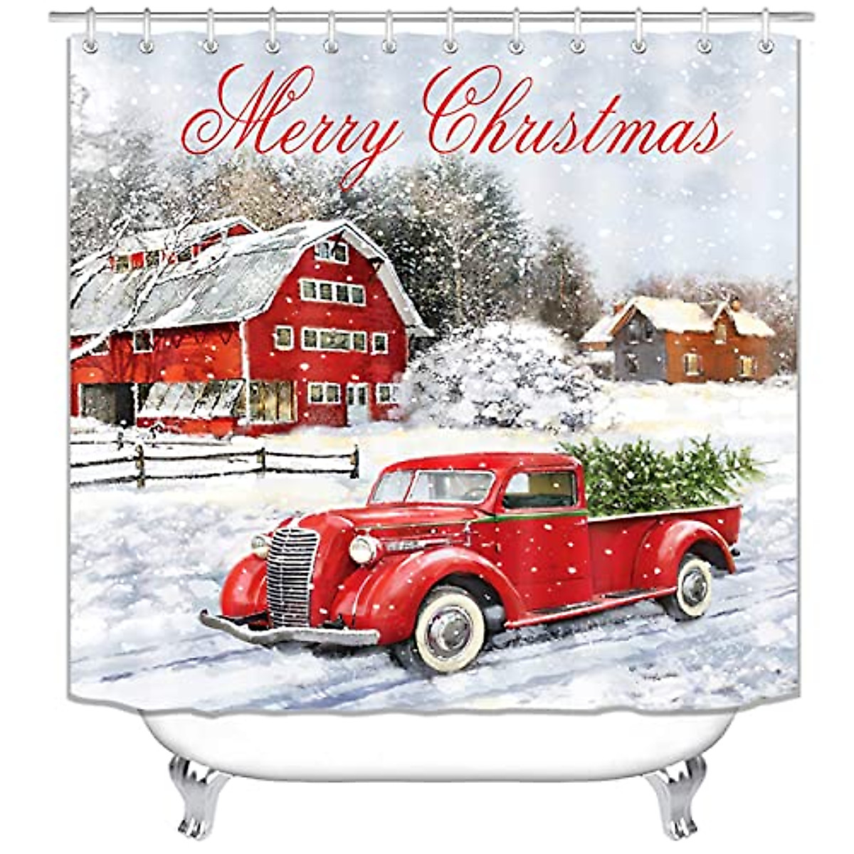 DOLASEV Christmas Shower Curtain, Red Truck Christmas Shower Curtains for Bathroom, Farmhouse Christmas Shower Curtain (Red Truck)
