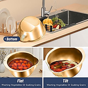 2pcs Multifunctional Drain Basin And Vegetable Washing Basin, Rice Washing Bowl with Strainer, Stainless Steel Side Drainers for Fruits, Vegetables and Beans Versatile Kitchen Tool (Gold)