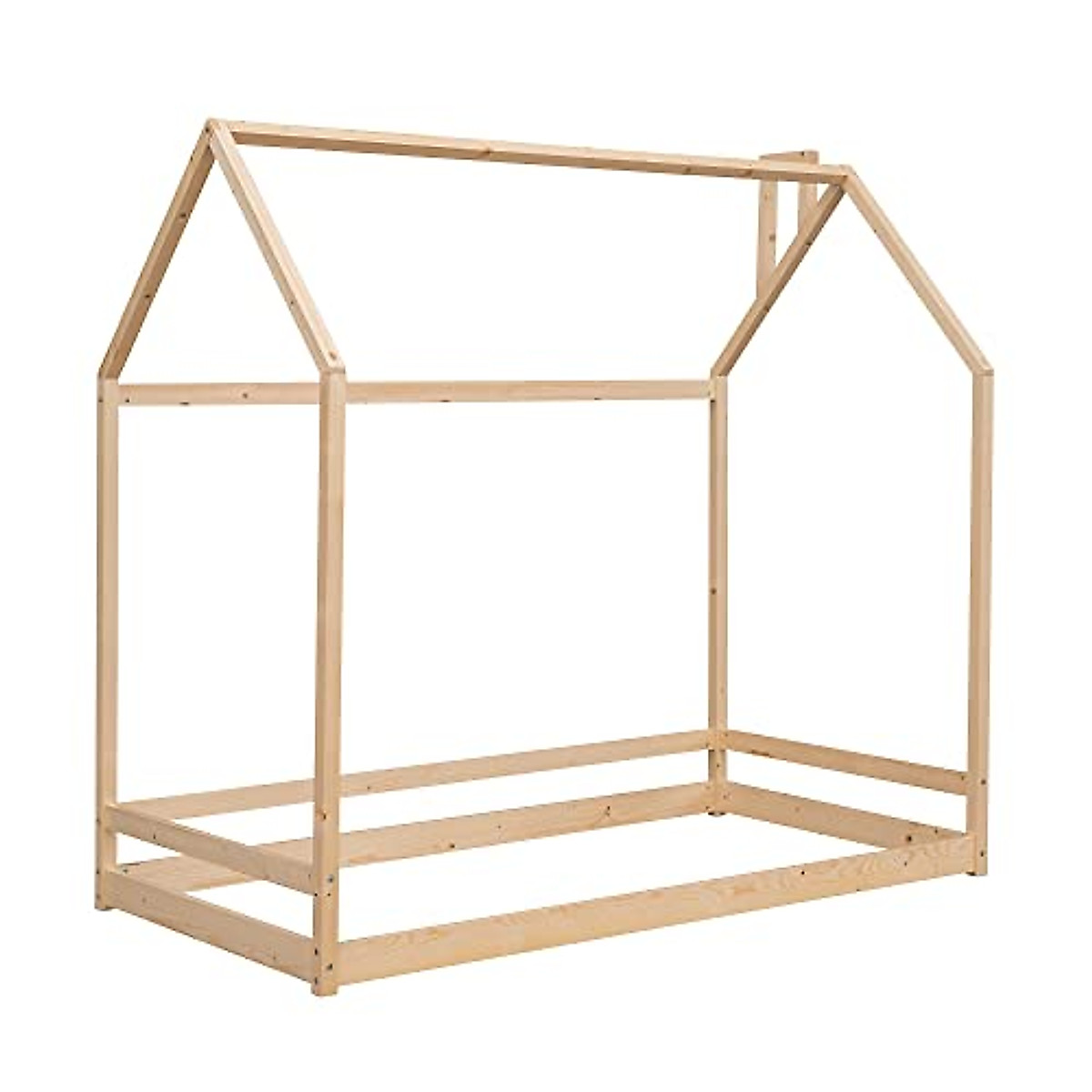 AOCOROE Twin Size House Bed Frame Floor Montessori House Bed Canopy Bed for Boys and Girls. House Shaped Wood Twin Bed Frame Without Slats, Natural