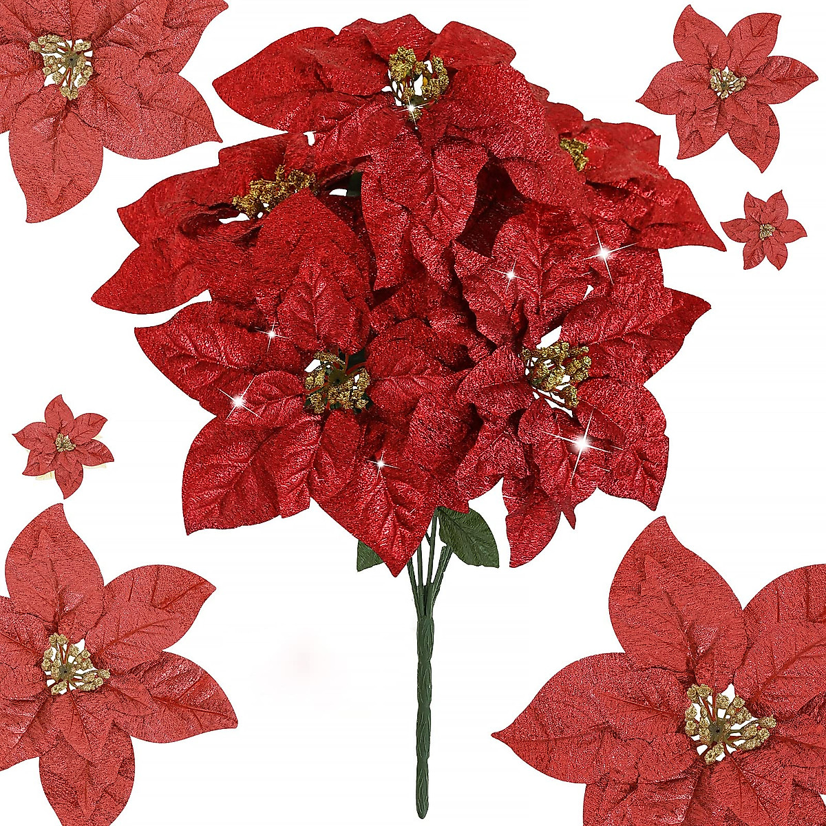 Nubry 10pcs Artificial Poinsettia Flower Heads with 2pcs Stems Fake Red Christmast Decoration Faux Flowers Bouquet for Christmas Tree Home Garden Decor (5-Red-11in)