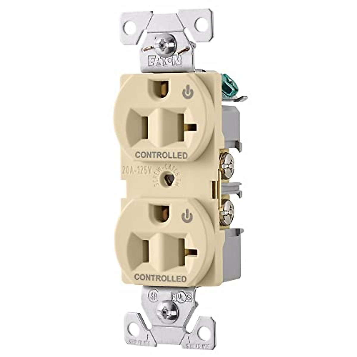 Eaton 5362CDV Arrow Hart Dual Control Heavy Duty Industrial Grade Duplex Receptacle, Auto-grounding, #14-10 AWG, 20A, Flush, 125V, Ivory, Brass, High-Impact Nylon face, 5-20R, 2-Pole (10-Pack)