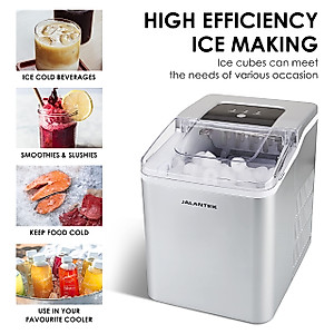 JALANTEK Counter top Ice Maker Machine with Self-Cleaning, 9 Ice Cubes Ready in 8 Minutes, 26lbs Bullet Ice Cubes in 24H, with Ice Scoop and Basket. Perfect for Home/Kitchen/Office.(Sliver)