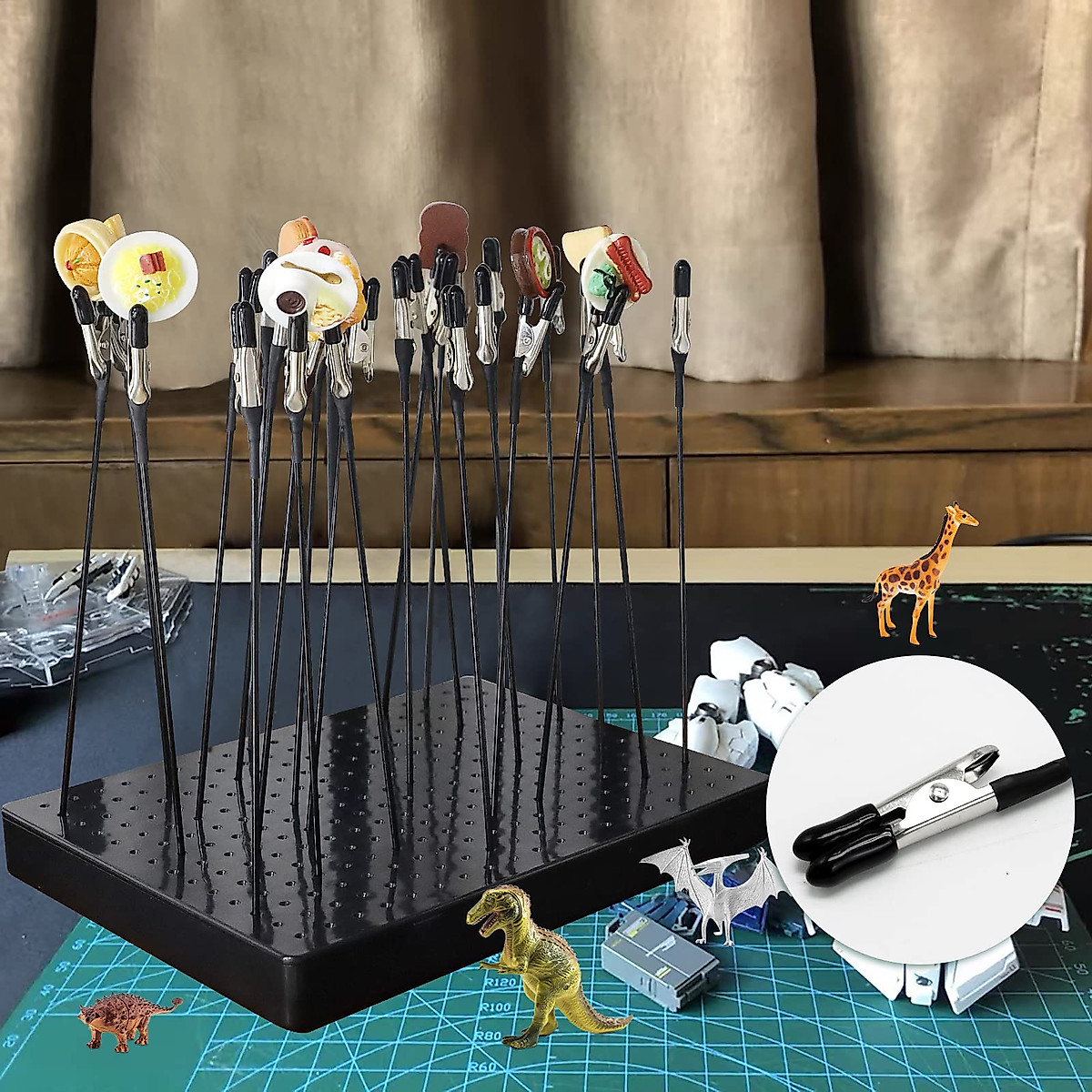 LAMXD Model Painting Stand Base (19 x 14 Holes) and 26PCS Alligator Clip Sticks Set (with Rubber Tips) Modeling Tools for Airbrush Spray, for Model Parts Holder (7.87 x 5.9Inch)