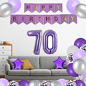 yujiaonly 70th Birthday Party Decorations Purple Happy Birthday Paper Banner Purple 40inch Number 70 Happy birthday Sash Latex and Confetti Balloons Perfect for 70 Years Old Party Supplies Balloons Number 70 Purple