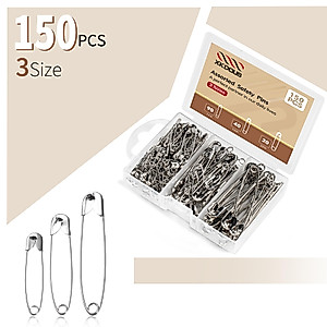 XKDOUS Safety Pins, 150 PCS Safety Pins Assorted, 3 Different Sizes Silver Safety Pins Bulk, Small Safety Pins, Large Safety Pins Heavy Duty for Clothes, Sewing, Craft