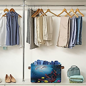 Sea Ocean Animal Dolphin Fish Storage Bin Canvas Toys Storage Basket Bin Large Storage Cube Box Collapsible with Handles for Home Office Bedroom Closet Shelves,1 pc