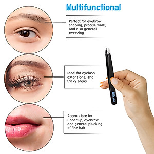 Rikans Precision Tweezers Set – Pack of 4 Black Professional Tweezers – Handy Carry Pouch – Superior Stainless Steel Tweezer Set – Splinters, Eyebrows, Facial or Ingrown Hair – Blackheads Remover