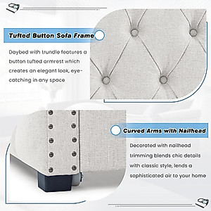 Antetek Daybed with Trundle, Modern Upholstered Full Size Button-Tufted Sofa Bed Frame with A Roll-Out Trundle, No Box Spring Needed, Furniture for Bedroom Living Room Guest Room (Beige, Full)