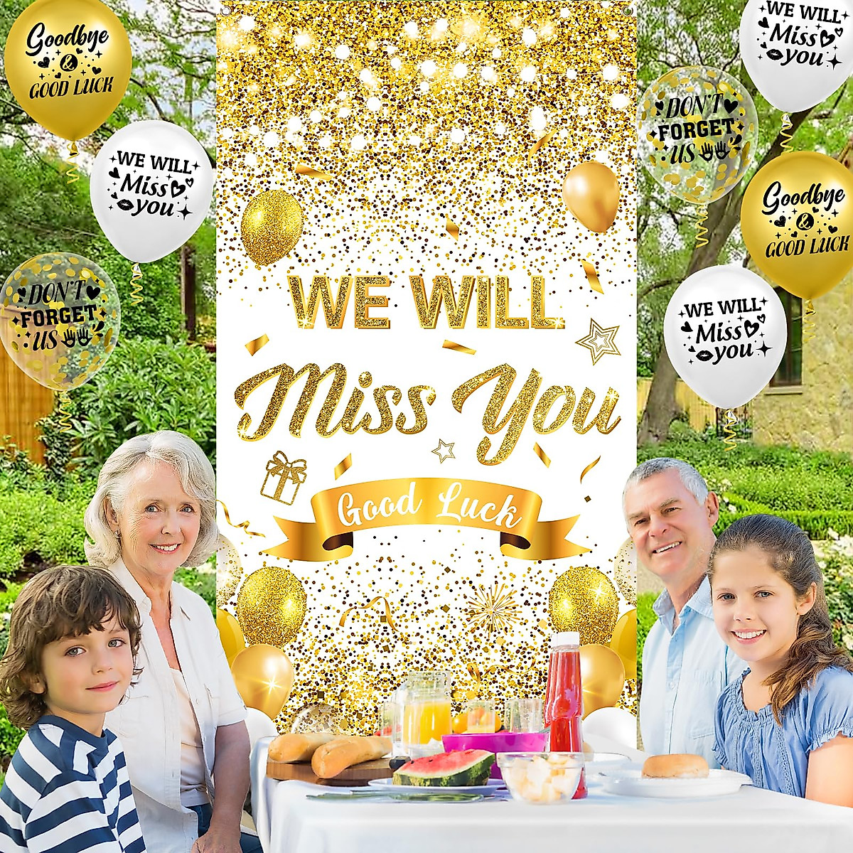 Farewell Party Decorations White Gold We Will Miss You Door Cover Banner and 18Pcs Good Luck Goodbye Balloons for Going Away Retirement Graduation Farewell Anniversary Leaving Party Supplies