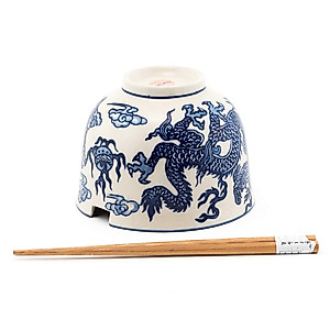 Happy Sales, Multi Purpose 5" D Ramen Udon Soba Pho Noodle Donburi Rice Tayo Bowl with Chopsticks (BlueDragon)