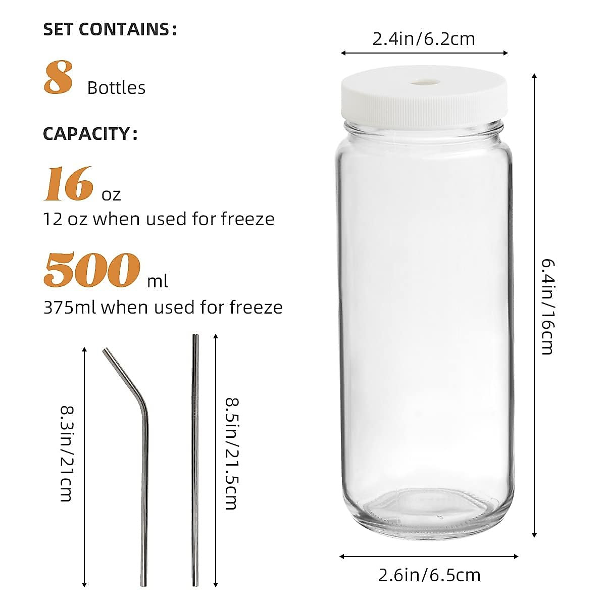 OAMCEG 8 Pack 16OZ Glass Juice Bottles with Straw Lids - Smoothie Cups with Lids and Straws, Reusable Juice Bottles for Juicing, Glass Drinking Mason Jars Travel Bottles Cup (Perforated Cover)