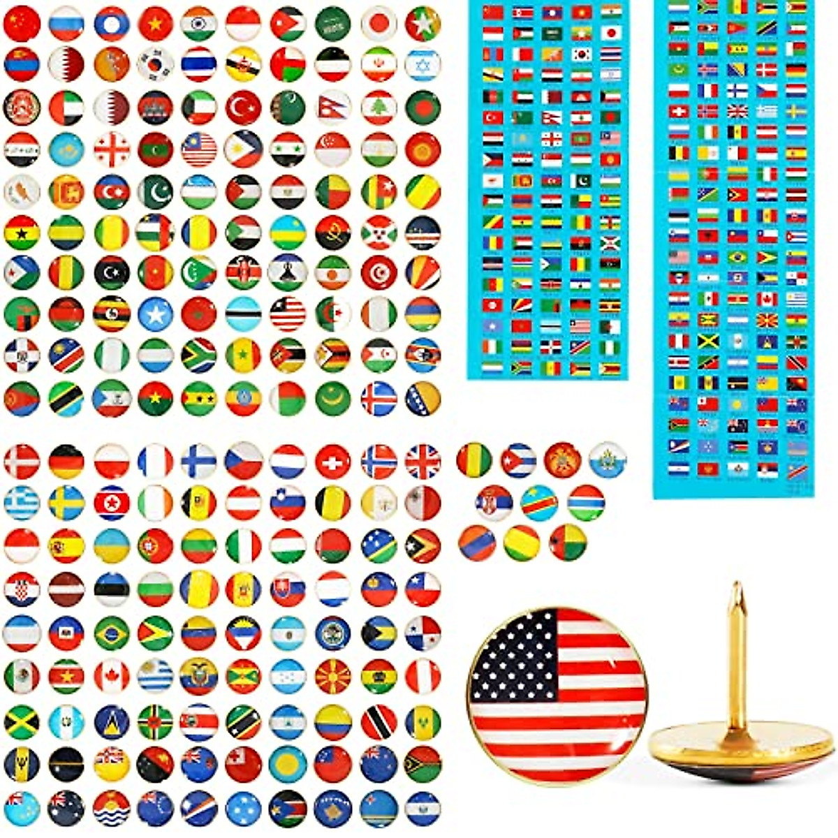 200 Pcs National Flag Thumb Tacks Country Flag Push Pins with National Flag Guide, Map Tacks Places I've Been Flag Map Push Pins for World Map Pins Flag Map Pins for Cork Board, Travel World Map
