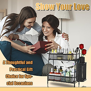 Bathroom Organizer with Basket, 2-Tier Bathroom Countertop Storage Shelf, Bathroom Counter Organizer, Skincare Organizer and Storage Kitchen Counter Organizers Spice Rack(Black)