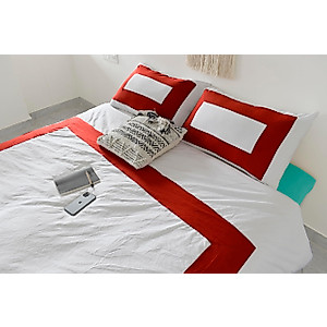 LALAWAT EXPORT Striped Border Pattern Duvet Cover Set 3-Piece Breathable and Soft Cotton Bedding Comforter Cover with Pillowcase (Queen, Red)