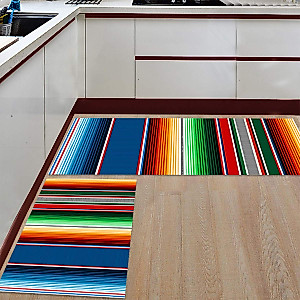 Mexican Theme Kitchen Rugs Set 2 Piece, Non-Slip Kitchen Mats Set Rubber Backing Indoor Outdoor Entry Mat Carpets - Cinco de Mayo Fiesta Party Serape, 15.7x23.6inch+15.7x47.2inch