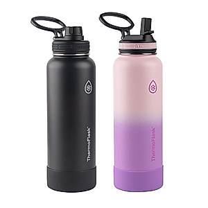 Thermoflask 40 oz Stainless Steel Insulated Water Bottles with Straw and Spout Lids, 2-pack, Black/Rose Purple